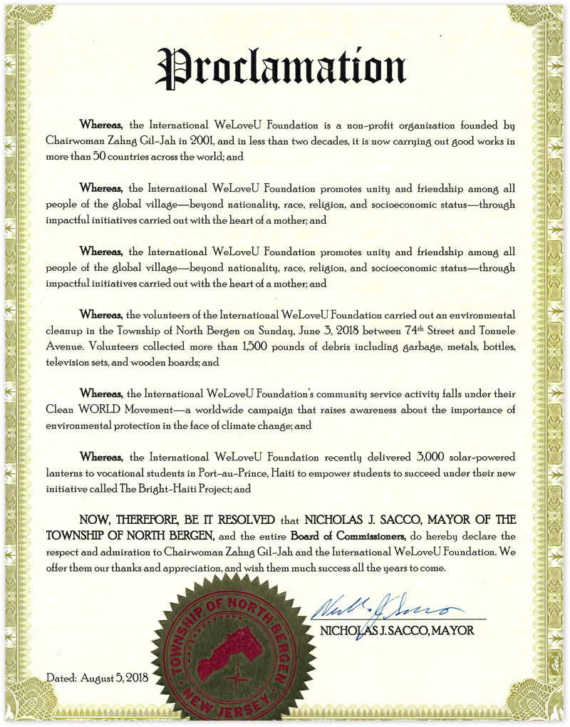 Proclamation from Mayor of Township of North Bergen in U.S. - The Intl ...