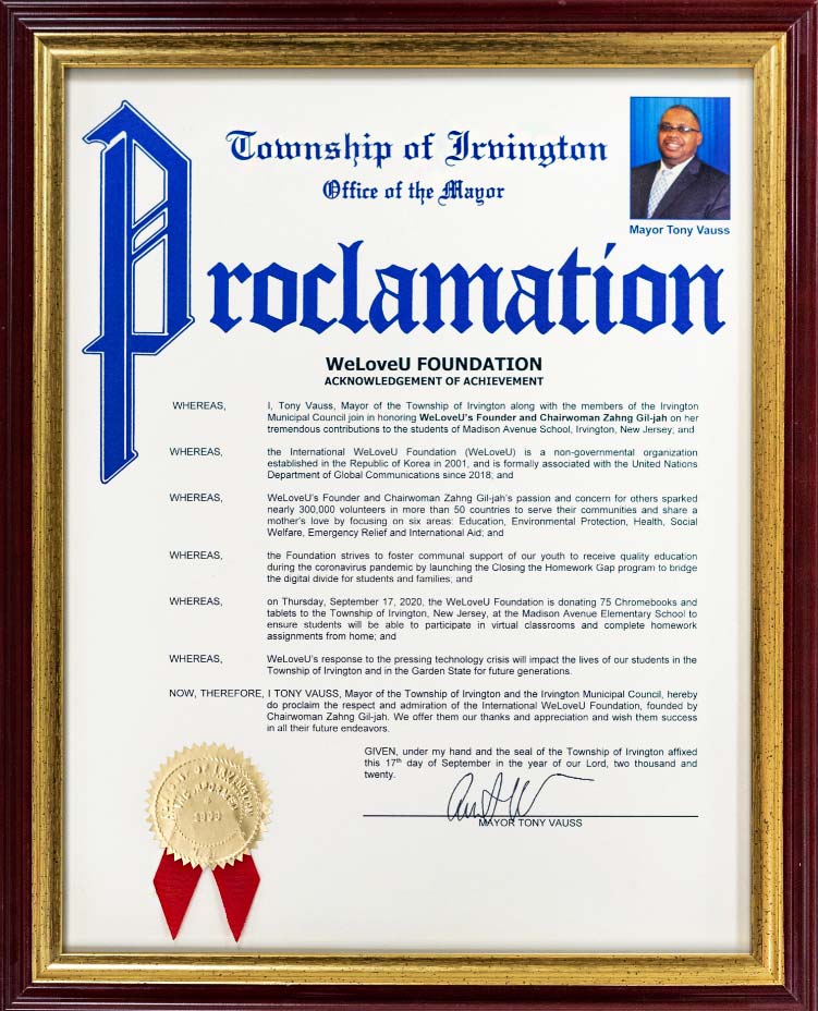 Proclamation from Mayor of the Township of Irvington in the U.S. - The ...
