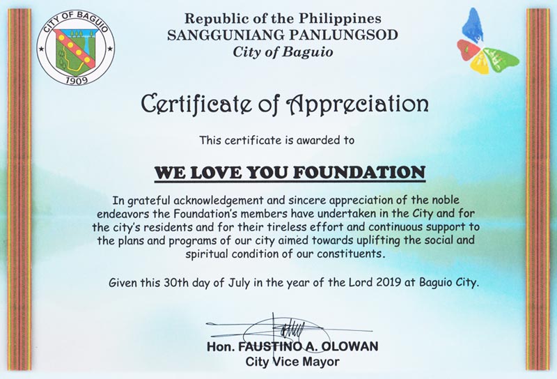 Certificate of Appreciation from City vice Mayor of Baguio, Philippines ...